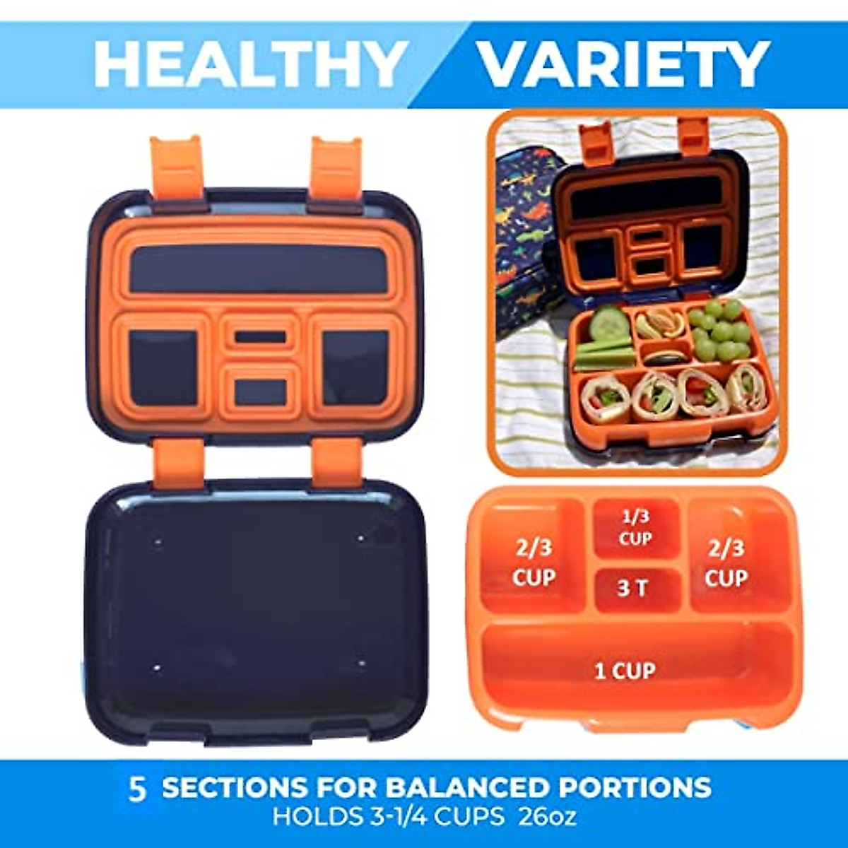 Bento Lunch Box for Kids Toddlers Boys Girls, 5 Portion Sections Secure Lid, Microwave Safe BPA Free Removable Tray, Pre-School Kid Daycare Lunches Snack Container, Unicorn Dinosaur 2 pack