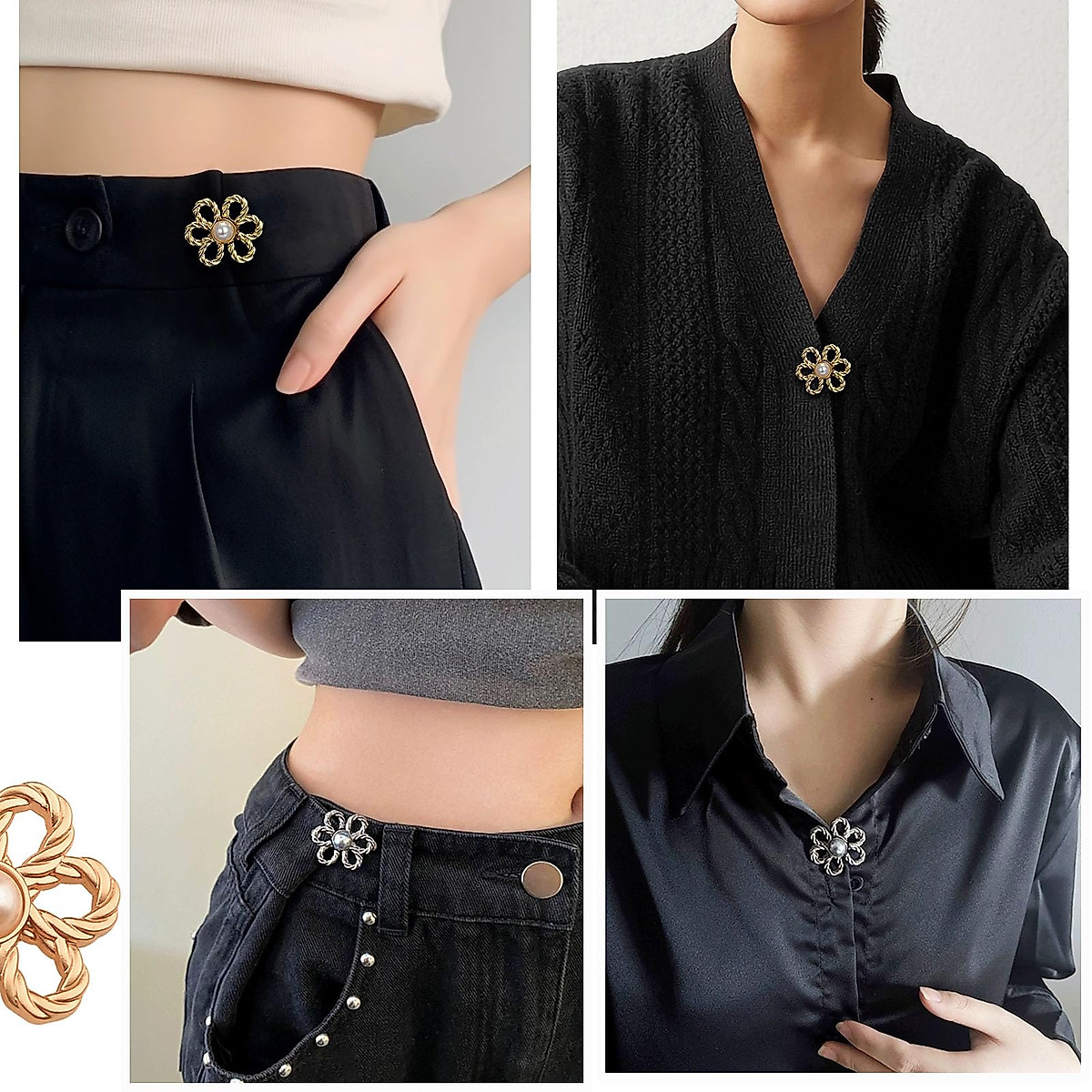 8 Sets Flower Jeans Button Pant Waist Tightener, Adjustable Waist Buckle Sets No Sew and No Tools Detachable Decorative Waist Buckles, Jean Buttons Pins for Loose Jeans, Pants, Skirts, Sleeves