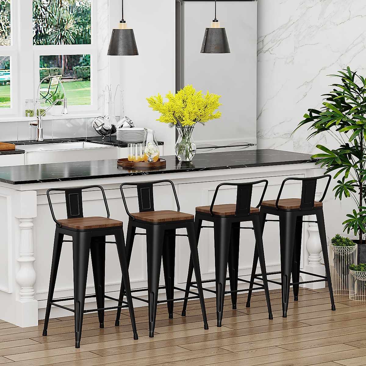 Yongchuang 30 inch Bar Stools Set of 4 Bar Height Metal Barstools with Wood Seat Low Back Kitchen Bar Chairs Matte Black
