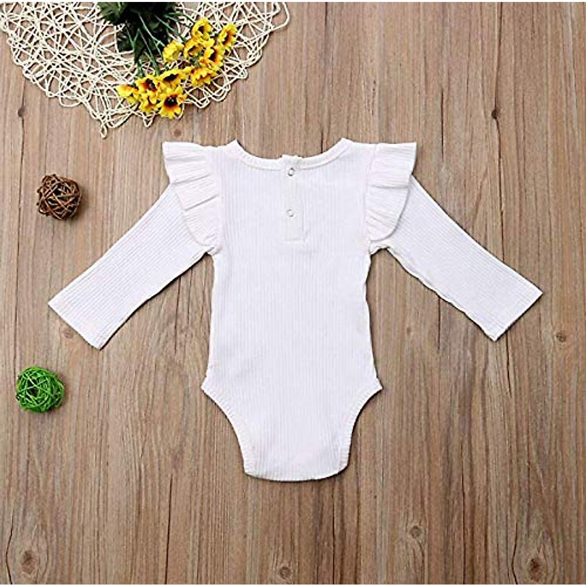 Mubineo Infant Baby Girl Basic Plain Rib Knit Ruffle Long Sleeve Romper Bodysuit Tops (White, 12-18 Months)