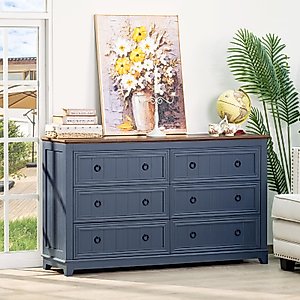 Joaxswe Farmhouse 6 Drawers Dresser for Bedroom, 58 Inch Wide Wood Dresser Chest of Drawers, Vintage Design TV Stand, Rustic Storage Dressers Organizer for Bedroom, Living Room, Hallway - Blue