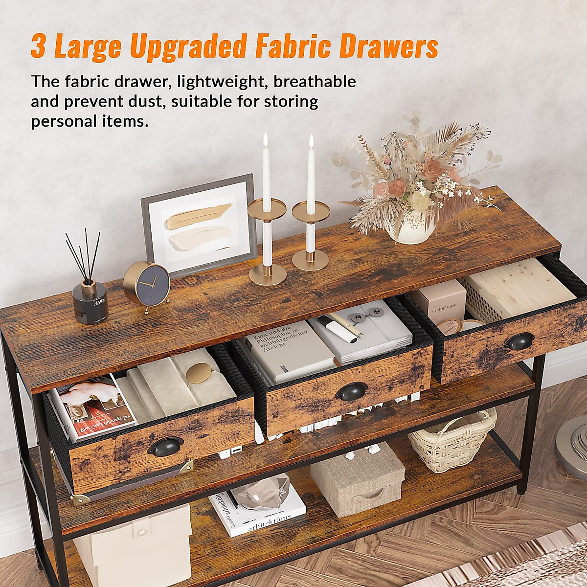 Furologee Long 47" Console Sofa Table with 3 Drawers, Entryway Table with 3-Tier Storage Shelves, Industrial Display Shelf for Entry Way, Hallway, Couch, Living Room, Kitchen, Foyer, Rustic Brown