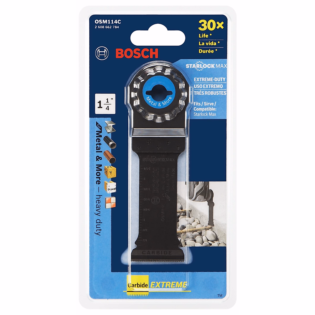 BOSCH OSM114C 1-1/4 In. StarlockMax Oscillating Multi Tool Metal & More Carbide Extreme Plunge Cut Blade for Extreme-Duty Applications in Cutting Iron Bar, Metal, Wood with Nails, Drywall and Tile