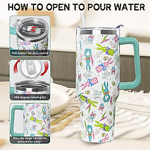 Nqhsionv Easter Tumbler with Handle 40 oz Easter Bunny Coffee Travel Mug Stainless Steel Rabbit Insulated Cup Happy Easter Decor Gifts