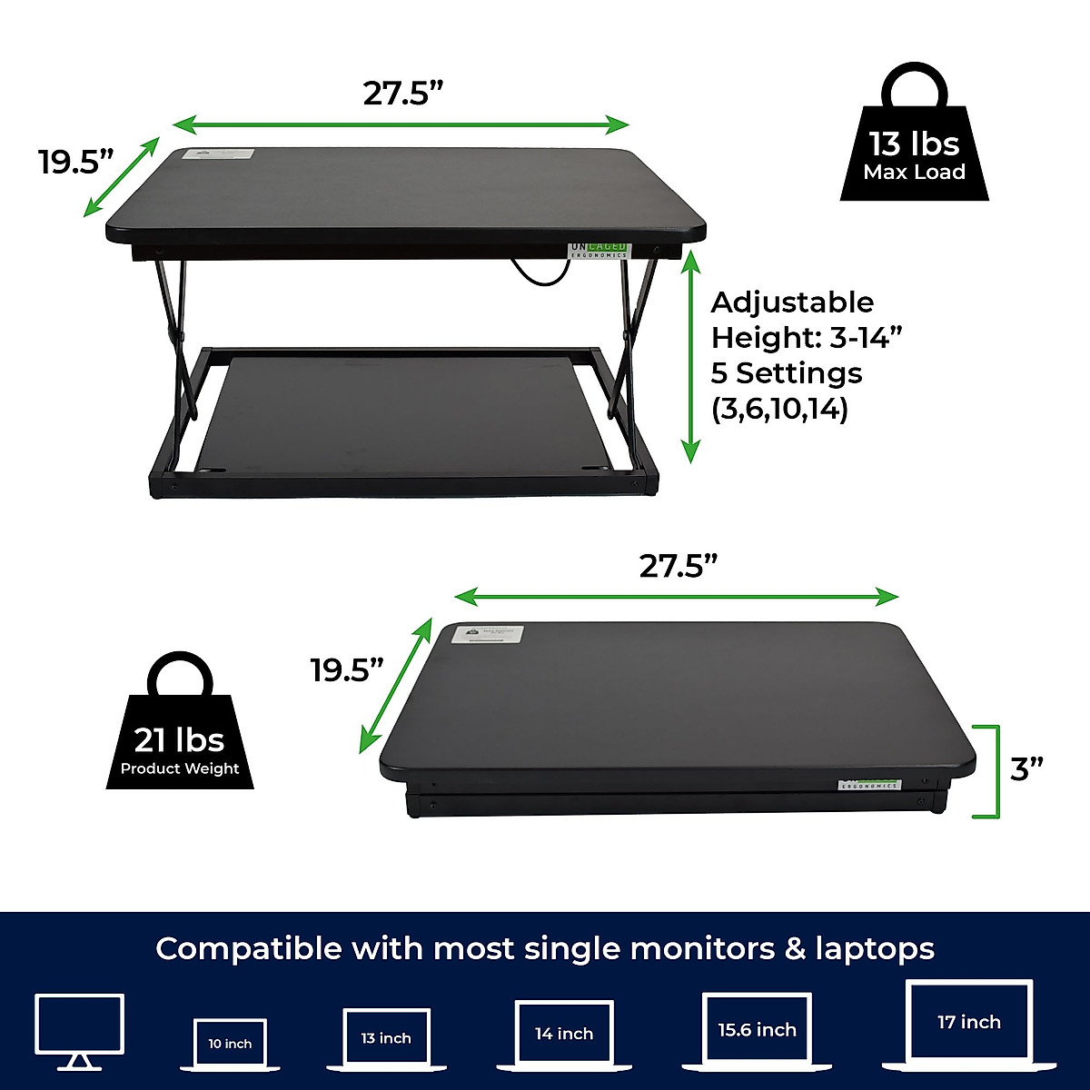 CHANGEdesk MINI Small Standing Desk Converter Height Adjustable Desktop Standing Desk Sit-to-Stand Up Desk Riser Laptop Standing Desk Converter, Black