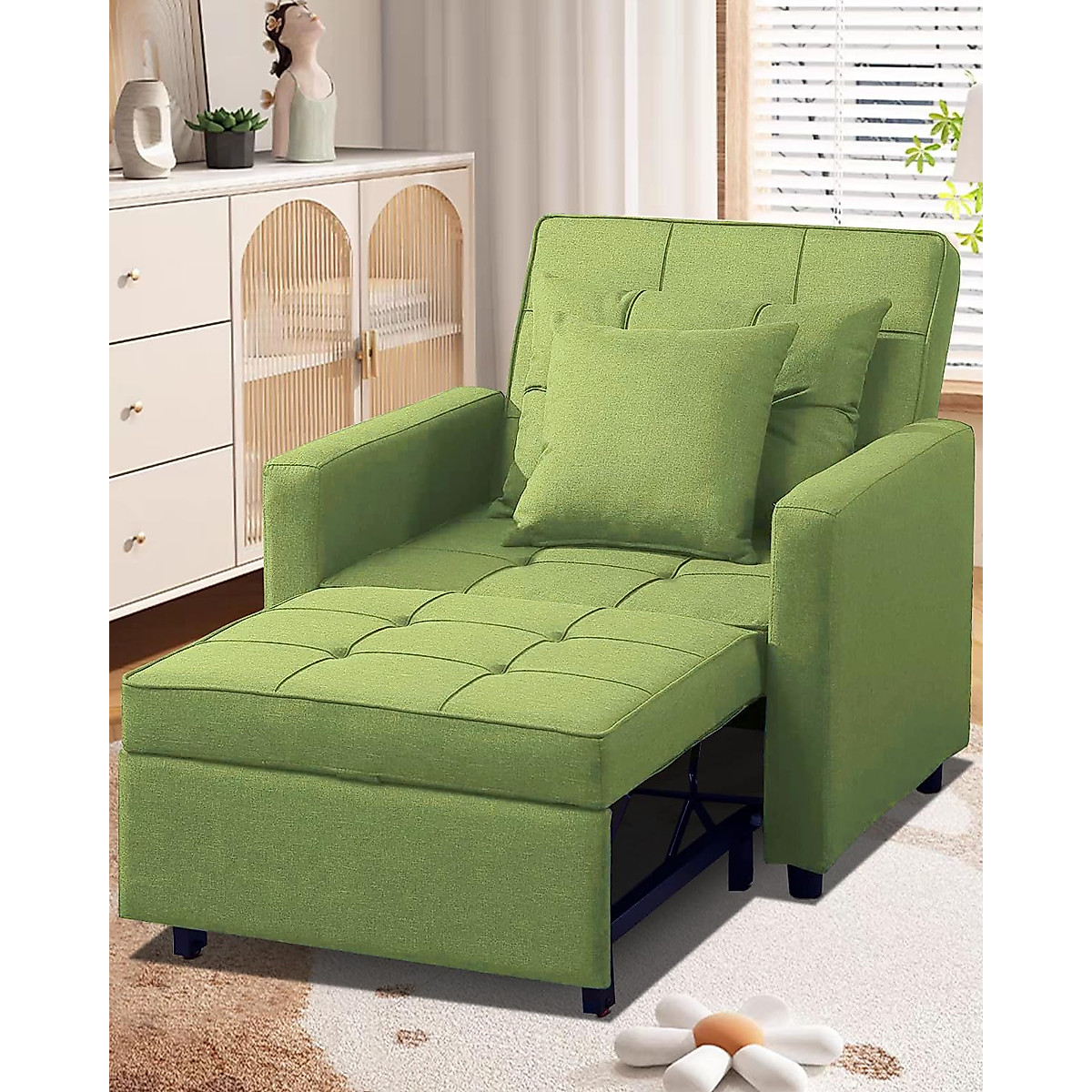 Convertible Chair Bed - Folding Sofa Bed Chair with Adjustable Backrest, 3-in-1 Multi-Functional Pull Out Sleeper Chair Bed Single Armchair Sofa Bed with Side Pocket (Green)