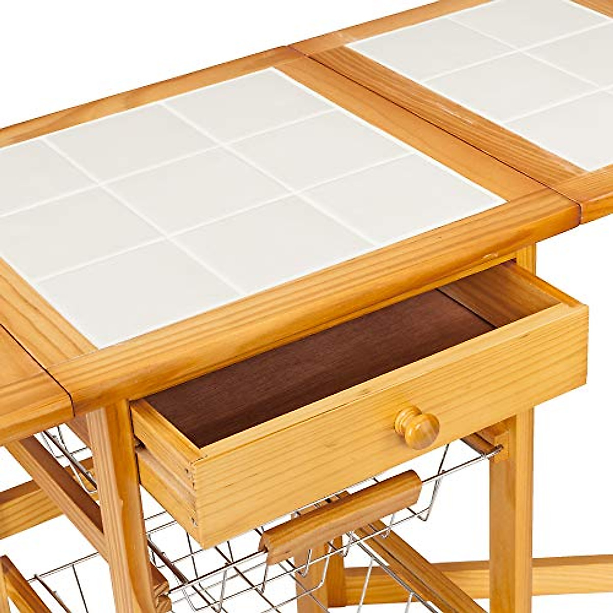 Kepooman Kitchen Dining Cart Wood Portable Folding Rolling Drop Leaf Kitchen Island Storage Trolley Cart Shelves w/Drawers,Rack,Fruit Baskets,Brown