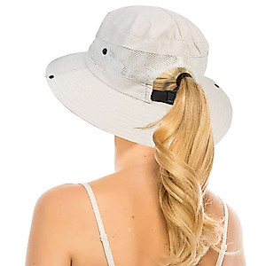 Womens Summer Quick-Dry-Sun-Hat Outdoor - Mesh Wide Brim UV-Protection Beach Fishing Hat with Ponytail Hole Foldable Beige