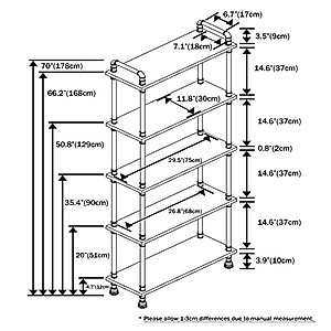 Anynice Industrial Bookshelf, Bookcases and Book Shelves 5 Shelf,Pipe Bookshelf, Industrial Pipe Shelving, Pipe Shelves(Rustic Brown, 29.5" L x 11.8" W x 70" H)