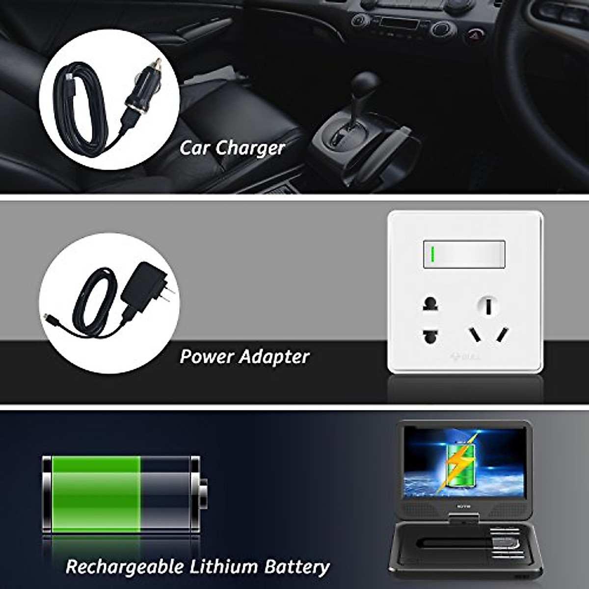 WONNIE 12.5 Inch Portable DVD Player for Car, with Rechargeable Battery, 10.5" Swivel Screen, SD Card Slot and USB Port, Gift for Kid and Senior Citizens(Black)