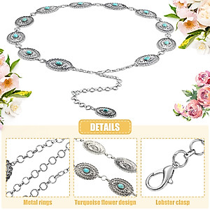 Tarpop Turquoise Belt for Women Western Concho Chain Belt Oval Round Flower Adjustable Metal Belt for Women Dresses(Turquoise,Oval Style)