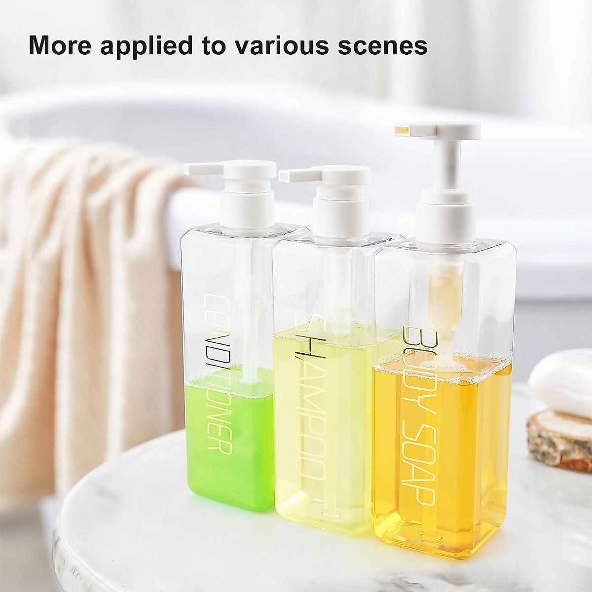 Shampoo and Conditioner Dispenser Shower Soap Bottles 3 Pack 550ml/18.6oz Refillable Shampoo Pump Bottle Dispenser Plastic Empty Body Wash Dispensers with Stylish Permanent Labels for Bathroom (Clear)