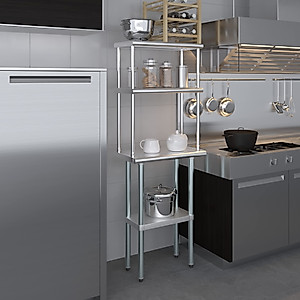 Stainless Work Table with Wide Double Tier Overshelf | Metal Kitchen Prep Table & Shelving Combo