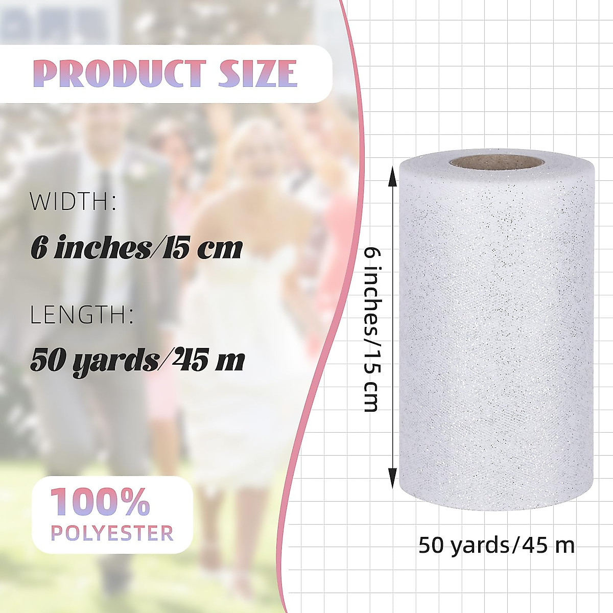 Glitter Tulle Rolls 6” by 50 Yards Sparkle Tulle Fabric Ribbon Sequin Tulle Netting Rolls for DIY Tutu Skirt Wedding Birthday Party Decoration (White/Silver-New)