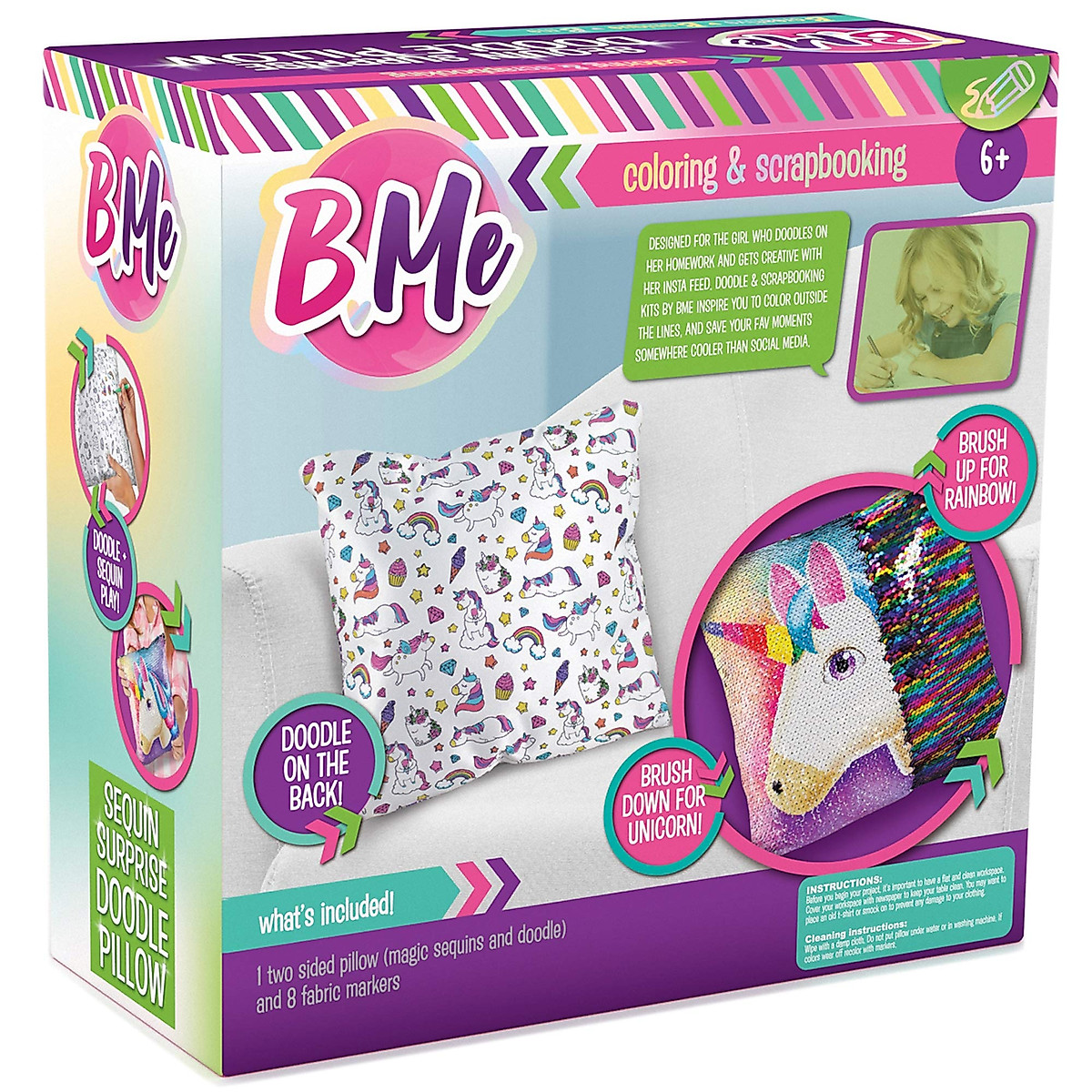 B Me Sequin Unicorn Pillow for Girls - Reversible Double Sided Rainbow Doodle Sequined Pillows - Bedroom Decor Art - Creative Magic Glitter Pillow with 8 Markers