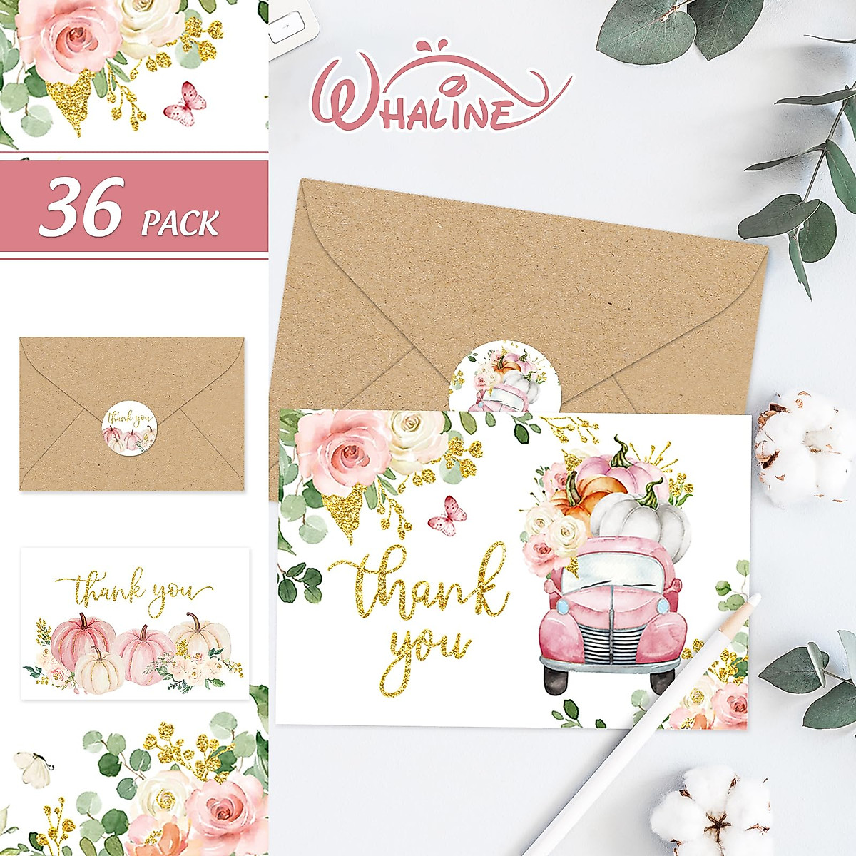 Whaline 36 Pack Fall Gold Foil Thank You Cards Pink Floral Pumpkin Greeting Cards Autumn Blank Note Cards with Stickers Envelopes for Thanksgiving Wedding Bridal Shower