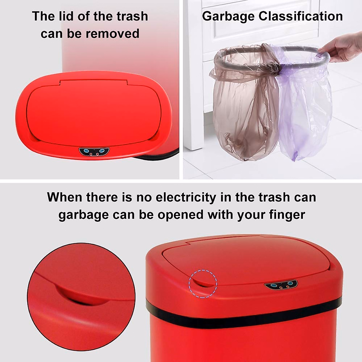 13 Gallon/50L Automatic Kitchen Trash Can with Lid, Touchless Garbage Can, Stainless-Steel Trash Cans Electronic Motion Sensor Smart Trash Bin for Kitchen Office Bathroom, Red