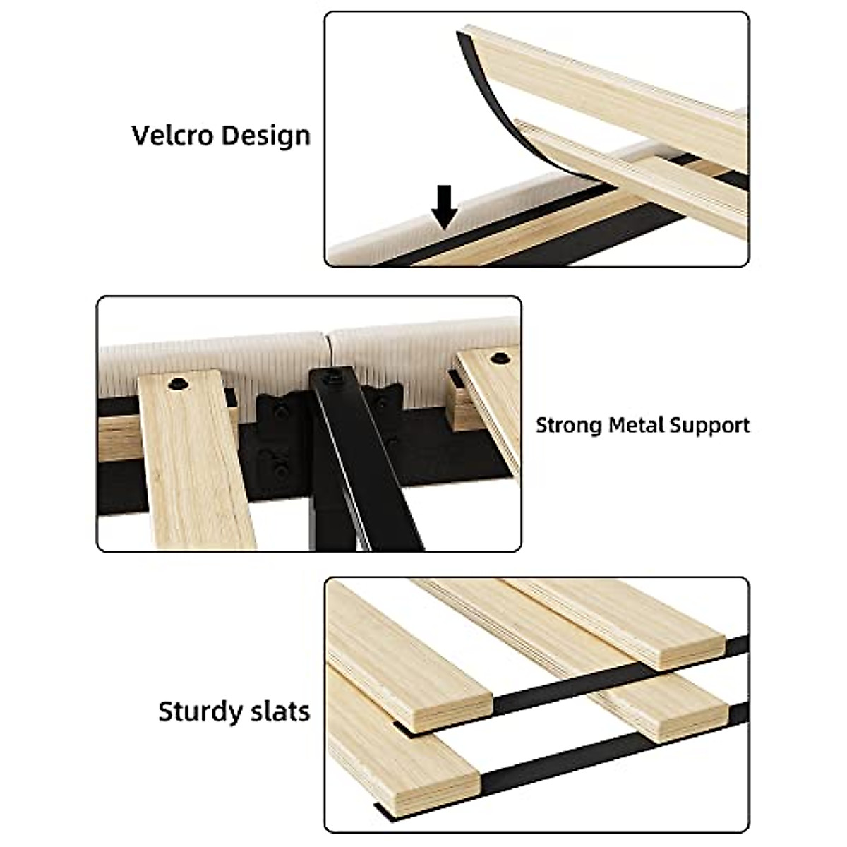 Homhougo Queen Bed Frame, Upholstered Platform Bed with Wingback Headboard, Velvet Upholstered Bed Frame with 2 Storage Pockets, Strong Wooden Slat Support, Easy Assembly, Box Spring Optional, Beige
