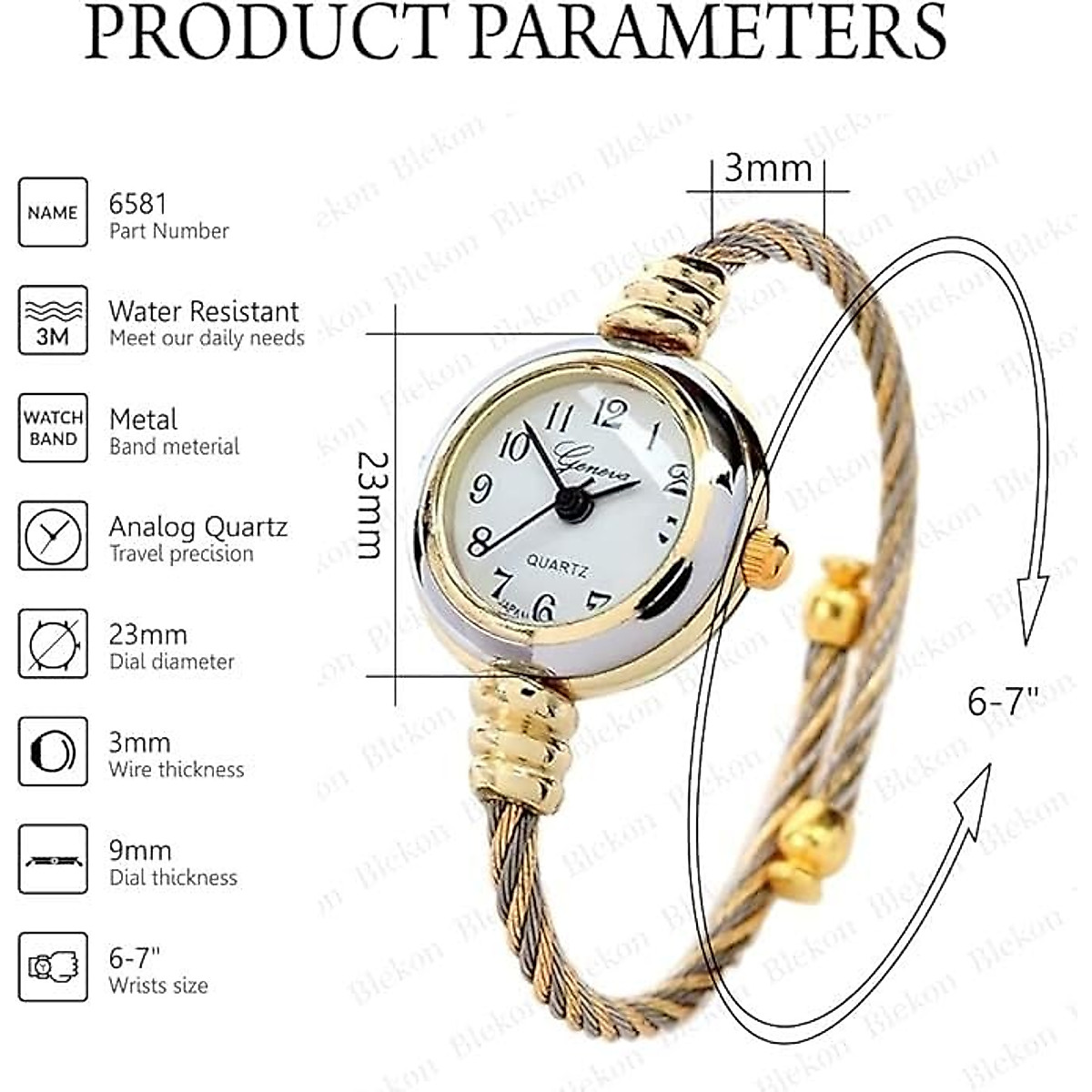 2Tone Gold Silver Cable Band Ladies Bangle Cuff Watch