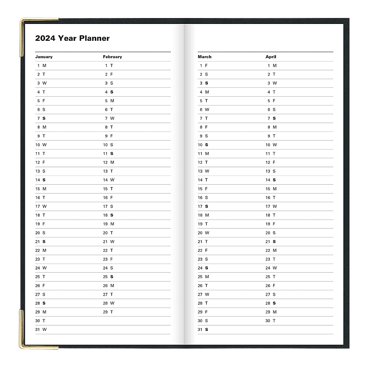 Letts of London Classic Weekly/Monthly Planner, 12 Months, January to December, 2024, Gold Corners, Vertical, Slim Size, 6.625" x 3.25", Black (C32SUBK-24)