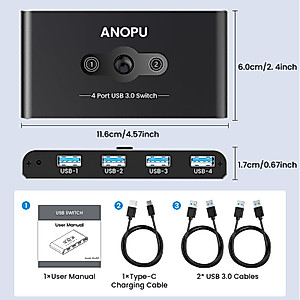 USB Switch, USB 3.0 Switch, Aluminum KM Switch 2 Computers Sharing 4 USB Devices KM Switches 5V USB-C Powered for PC Printer Scanner Mouse Keyboard with 2 Pack USB 3.0 Cable, One Button Switch