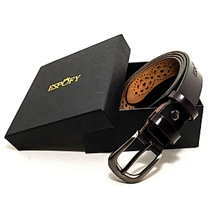 ESPOFY Women's Belt Hollow Flower Genuine Leather Belt for Jeans Pants with Alloy Buckle Brown 45 inch (115cm)