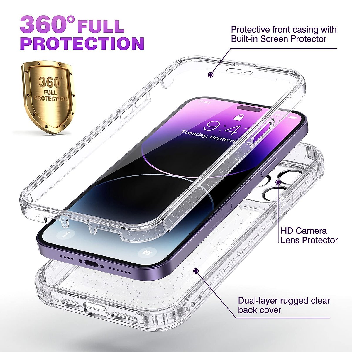 Diaclara Designed for iPhone 14 Pro Max Case 6.7’’ [2023 Upgraded], Full Body Rugged Case w/Built-in Touch Sensitive Anti-Scratch Screen Protector+9H Glass Camera Lens Protector(Clear Glitter)