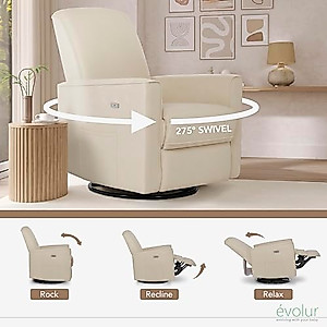 Evolur Harlow Deluxe Upholstered Plush Seating Glide Rocker, Swivel, Power Recliner with USB Port, Greenguard Gold Certified, Glider Chair for Nursery in Shell