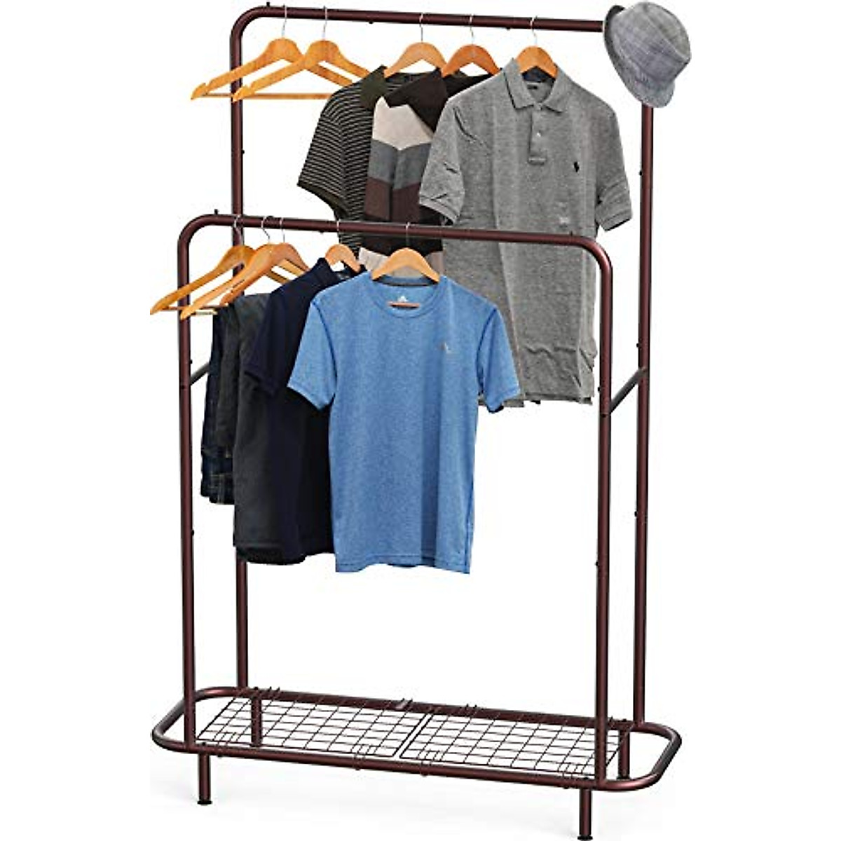 Simple Houseware Double Rod Clothing Garment Rack with Bottom Shelves, Bronze