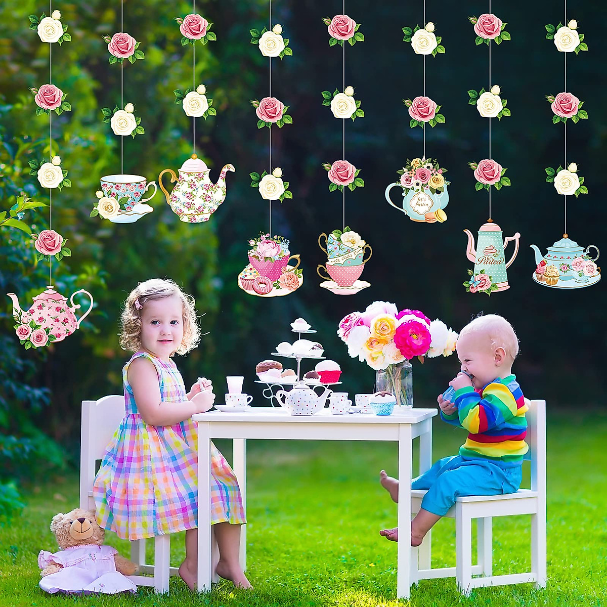 Tea Party Decorations Floral Tea Party Double Sided Hanging Garland Decorations Favors for Baby Shower Gender Reveal Birthday Bridal Wedding Girls Tea Party Birthday Decorations 32" 8 Pack