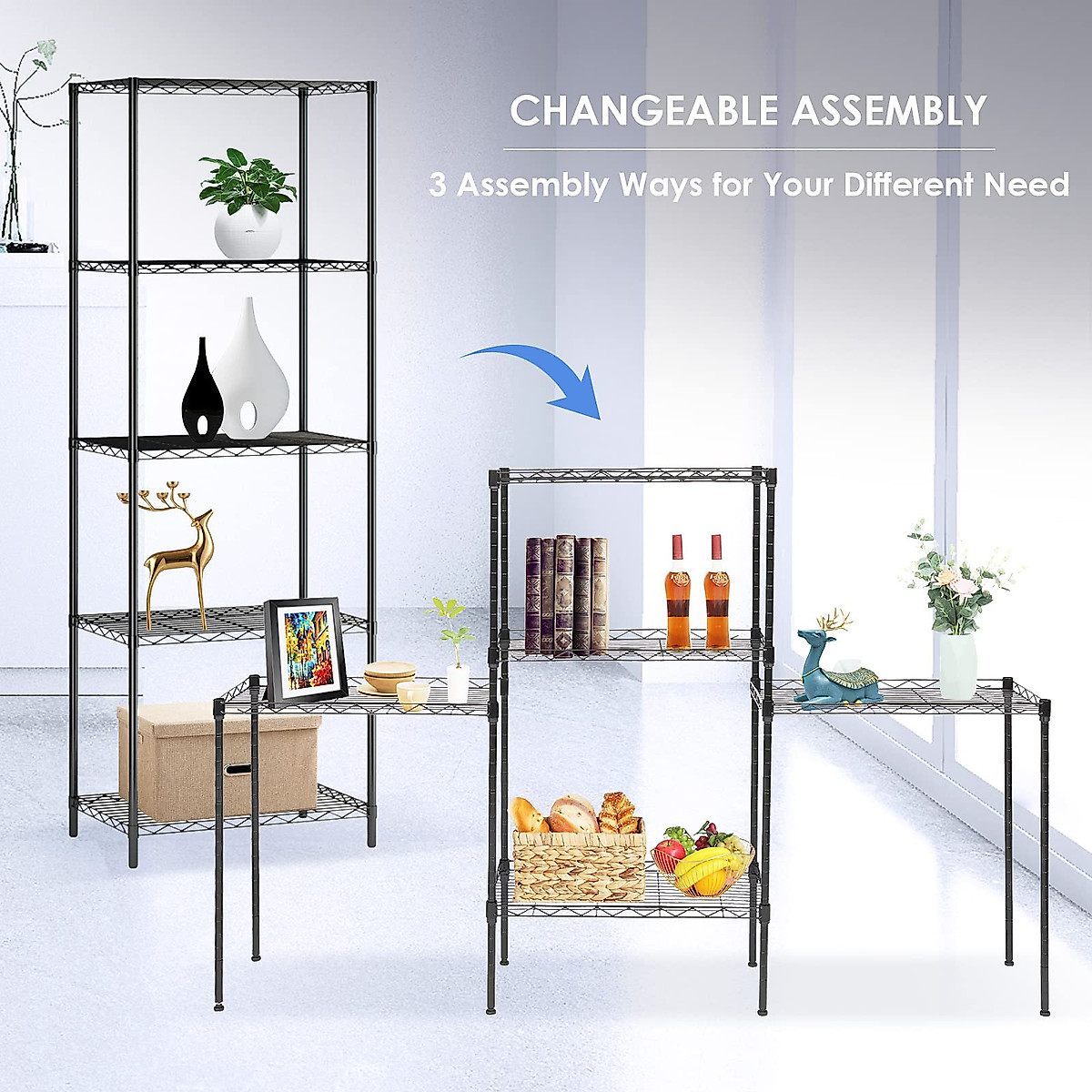 5 Tier Changeable Wire Shelving Rack, Adjustable Metal Shelves for Storage, 5 Tier Black Shelving Unit with Leveling Feet, 11.5"D x 21"W x 59"H, 550Lbs Capacity, For Kitchen, Pantry, Garage, Laundry
