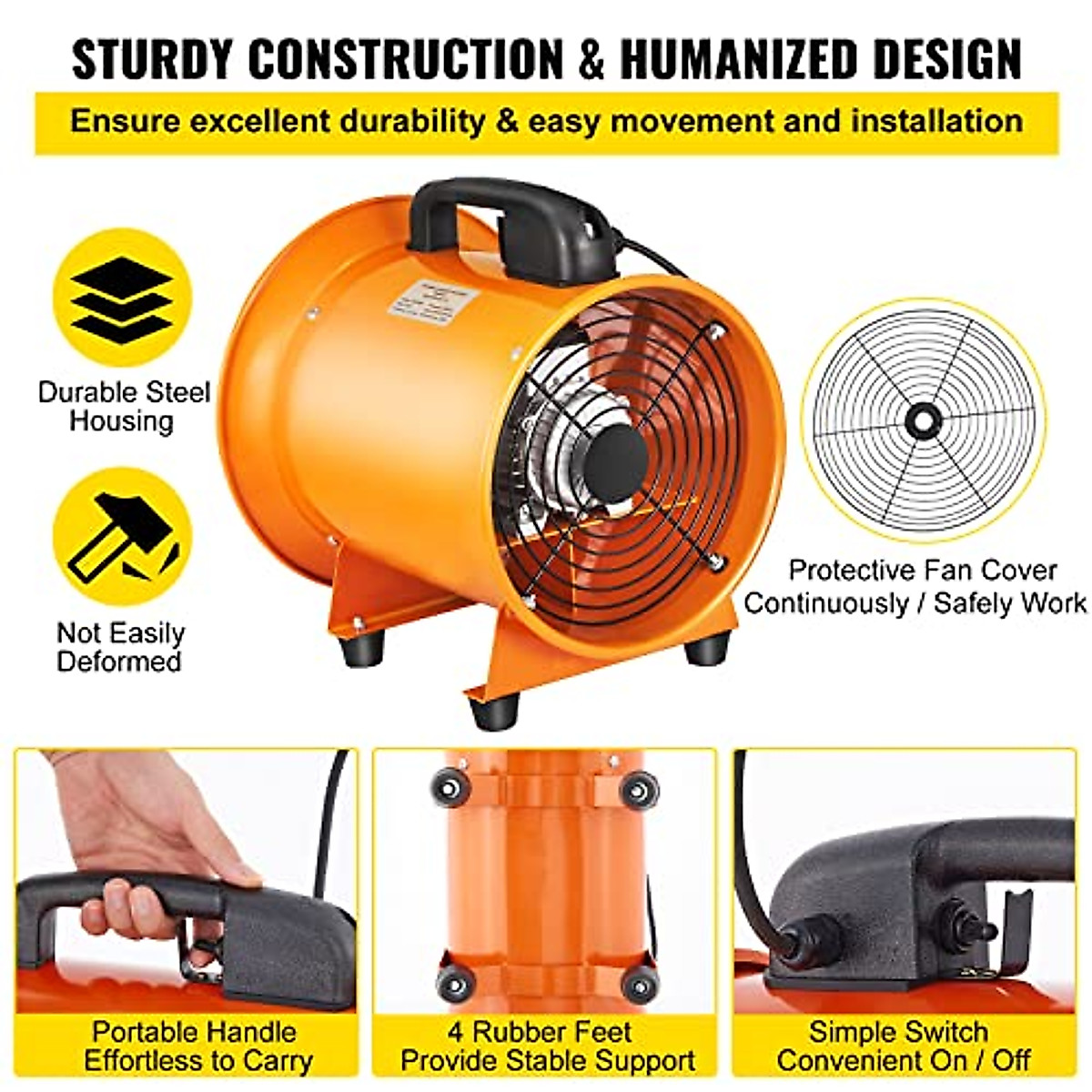 VEVOR Utility Blower Fan 10 inch with 10M Duct Hose,250MM Portable Ventilator,0.45HP 1520 CFM High Velocity Utility Blower,Mighty Mini Low Noise,for Factories Basements Shipyards Farm