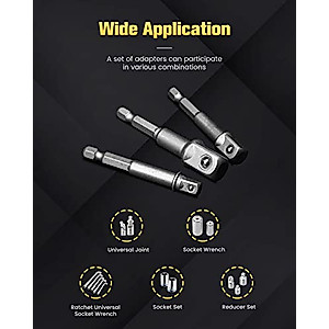 BOEN Impact Grade Socket Adapter Set, 6-PCS Drill Bit Adapter with Bit Holder, Sizes 1/4", 3/8", 1/2", 1/4-Inch SAE Hex Shank, Cr-V, for Cordless Drill & Screwdriver, Power Drill & Driver