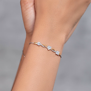 Gem Stone King 925 Silver and 10K Yellow Gold Princess Round and Heart White Moissanite and White Lab Grown Diamond Tennis Bracelet For Women By Keren Hanan (1.72 Cttw, Fully Adjustable Up to 9 Inch)