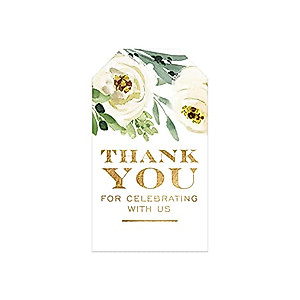 White Floral Favor Thank You Tags / 100 Thank You for Celebrating with Us Wedding Favor Gift Tags / 2" x 3.5" Greenery with Faux Gold Engagement Celebration Thank You Tags