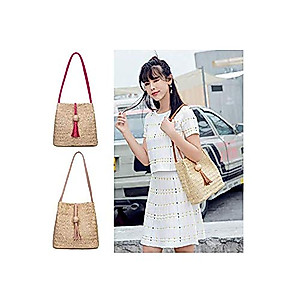 COPYLOVE Handle Straw Bag, Women's Summer Bucket Bag Shoulder Straw Wooden Ball Fringe Messenger Bag Hot (#2)