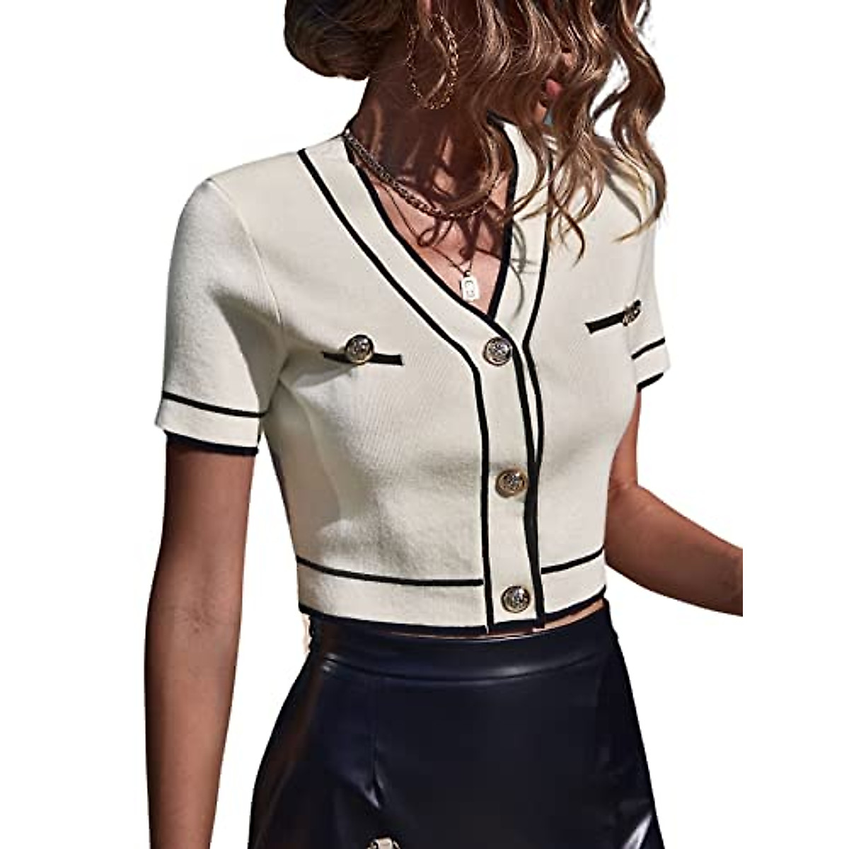 Verdusa Women's Striped Trim Contrast Binding Button Front V Neck Knit Crop Top White L