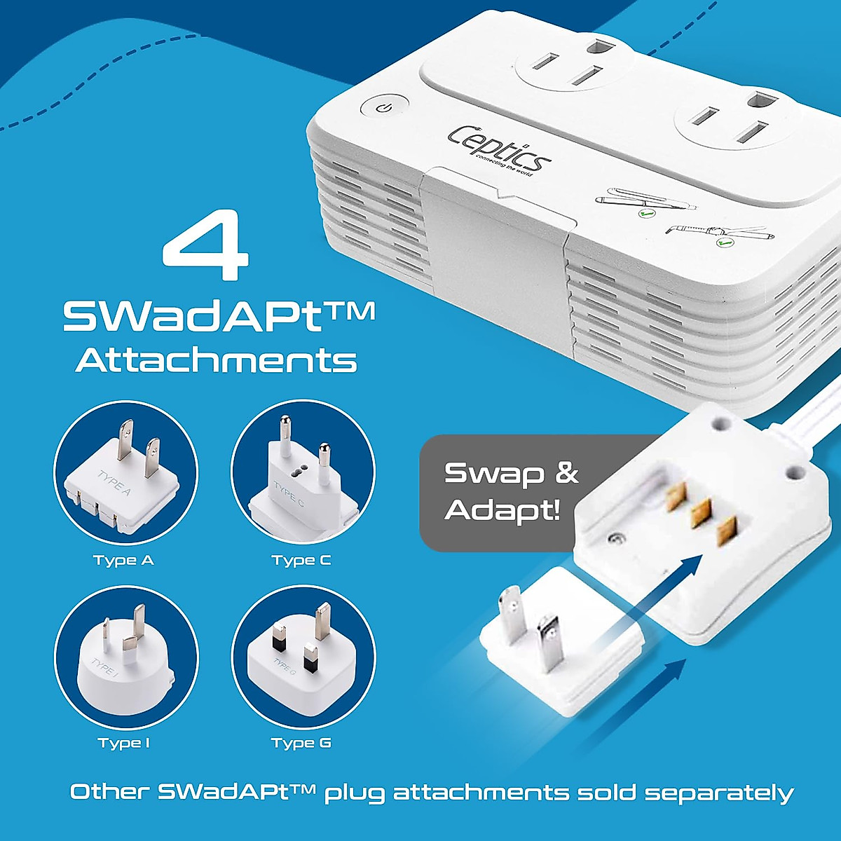 Ceptics 200 W Voltage Converter, Convert 220 V to 110V for Devices Like Curling Iron, Straightener, Chargers, Step Down World Power Plug - 4 USB PD 18W Fast Charging - EU/AU/UK/US Included