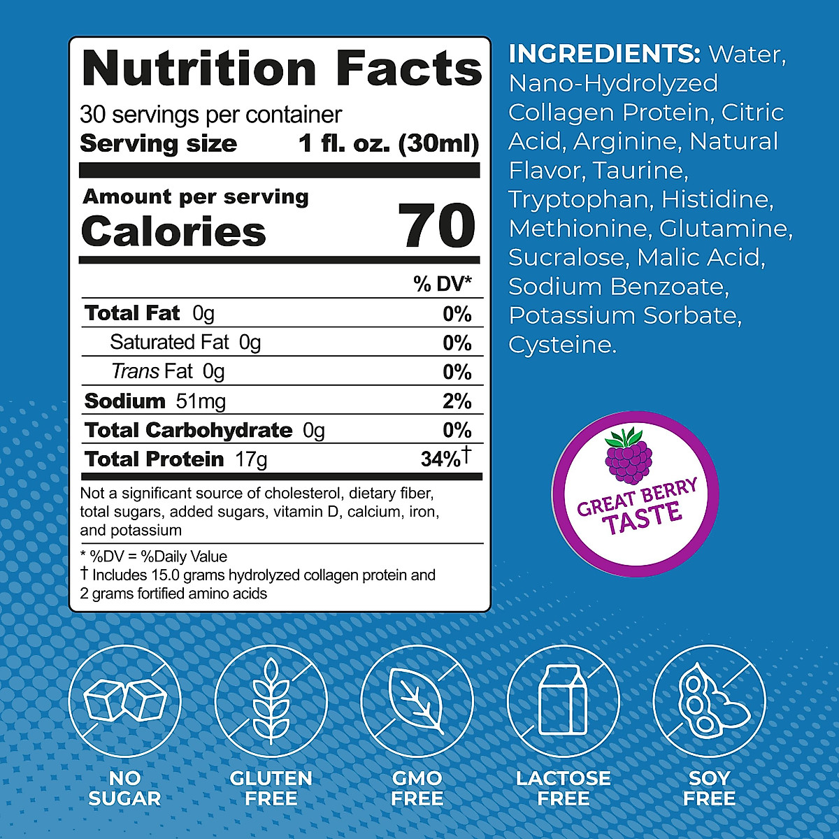 ProT Gold Liquid Collagen Protein Shot, 17g Clear Protein Nano-Hydrolyzed Grass Fed Collagen, 2g Arginine for Wound Support, Gluten Free, Sugar Free, 0g Carbs, Non GMO, Berry, 30 fl oz Bottle