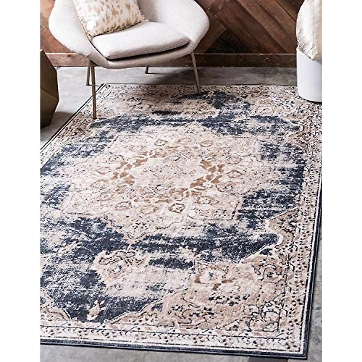 Unique Loom Chateau Collection Vintage, Distressed, Medallion, Rustic, Traditional Area Rug, 8' 0" x 10' 0", Beige/Navy Blue