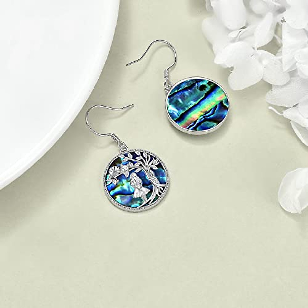 Alice In Pendant Earring Sterling Silver Abalone Shell Tree of Life Wonderland Cat Earring Christmas Gifts for Women Jewelry