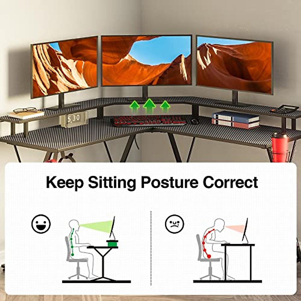 SEVEN WARRIOR L Shaped Gaming Desk with LED Lights & Power Outlets, 50.4” Computer Desk with Monitor Stand & Carbon Fiber Surface, Corner Desk with Cup Holder, Gaming Table with Hooks, Black