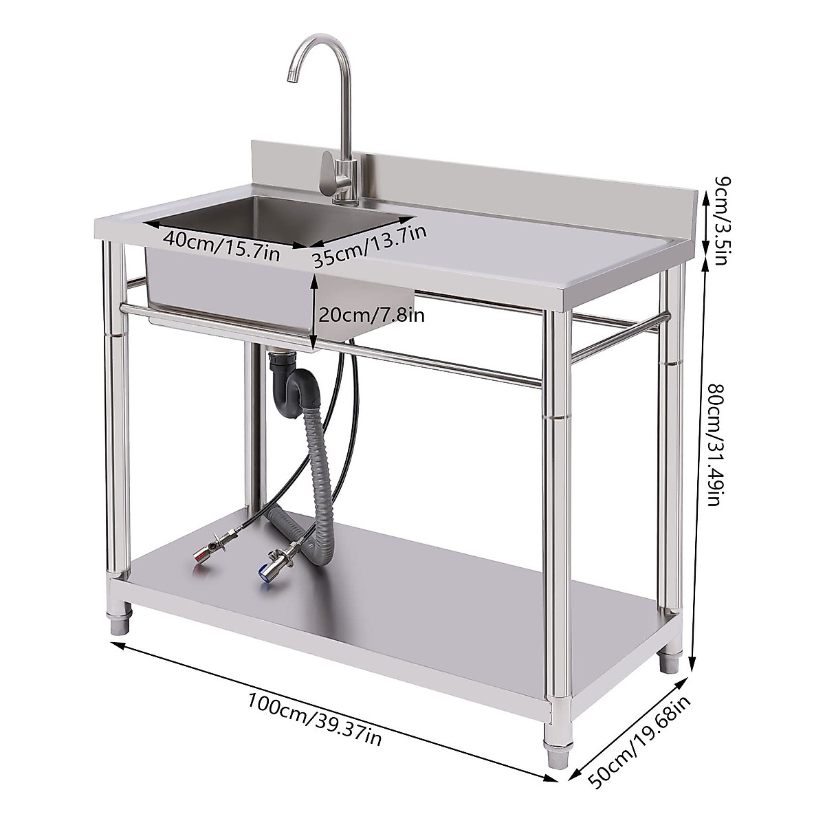 Stainless Steel Sink, Free Standing Single Bowl Commercial Kitchen Sink Kitchen Sink with Faucet & Shelf Kitchen Prep Outdoor Unity Sink for a Laundry Room Garage 31.5” x 39.37” x 19.68”