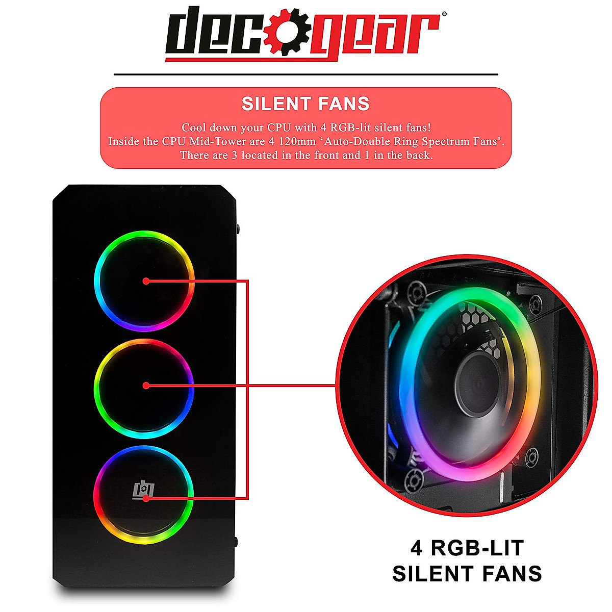 Deco Gear Mid-Tower PC Gaming Computer Case 3-Sided Tempered Glass and LED Lighting - Mini-ITX, Micro-ATX, ATX - Includes 4 120mm Double Ring Fans w/Expansion for More, 7 Expansion Slots, 4 Drives