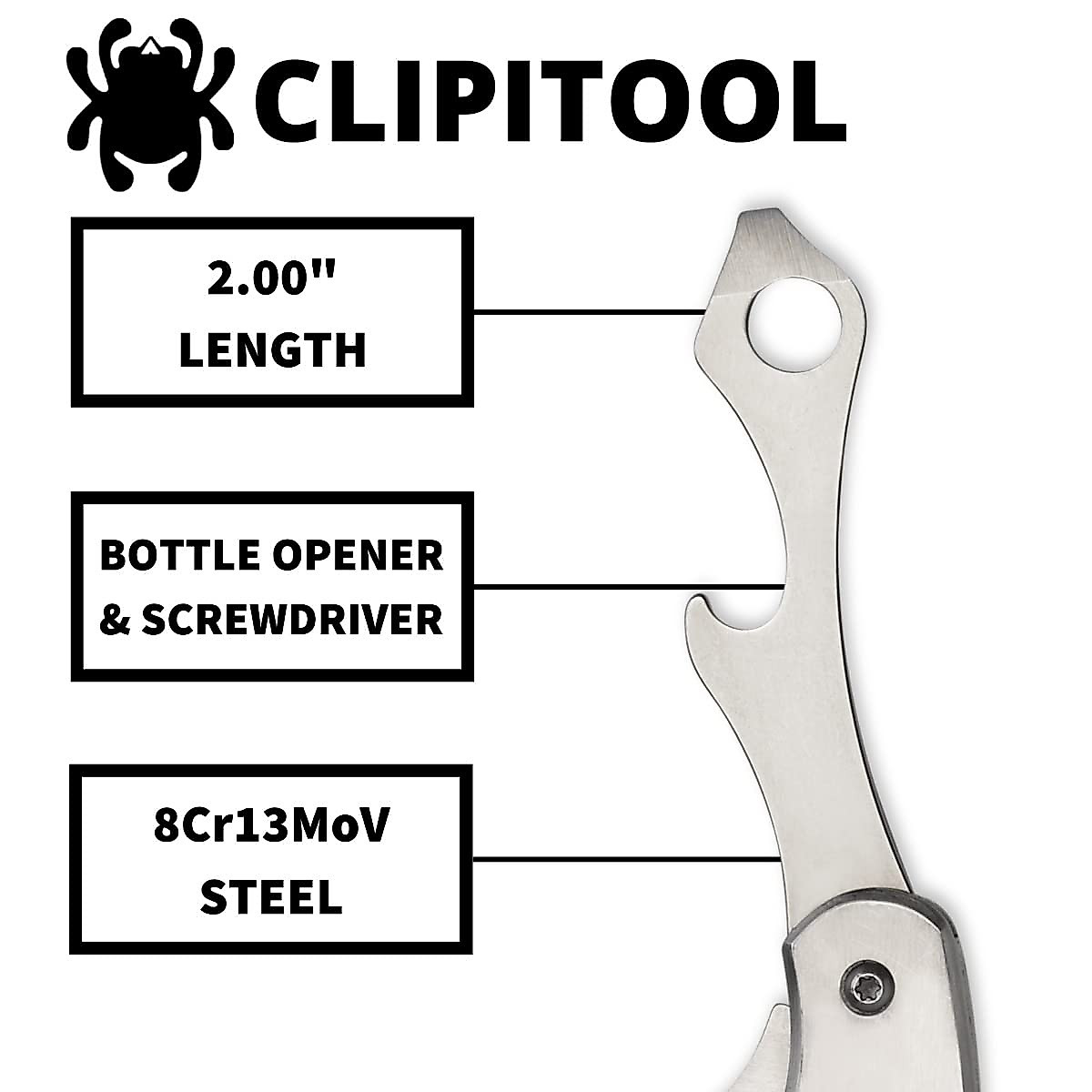 Spyderco ClipiTool Multi-Functional Stainless Steel Utility Pocket Knife with 2" Steel Blade and Screwdriver/Bottle Opener - PlainEdge - C175P