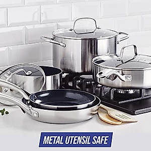 Blue Diamond HD Stainless Steel Clad Pro 10 Piece Cookware Pots and Pans Set, Diamond Infused Ceramic Nonstick, PFAS-Free, Dishwasher Safe, Oven and Broiler Safe, Silver