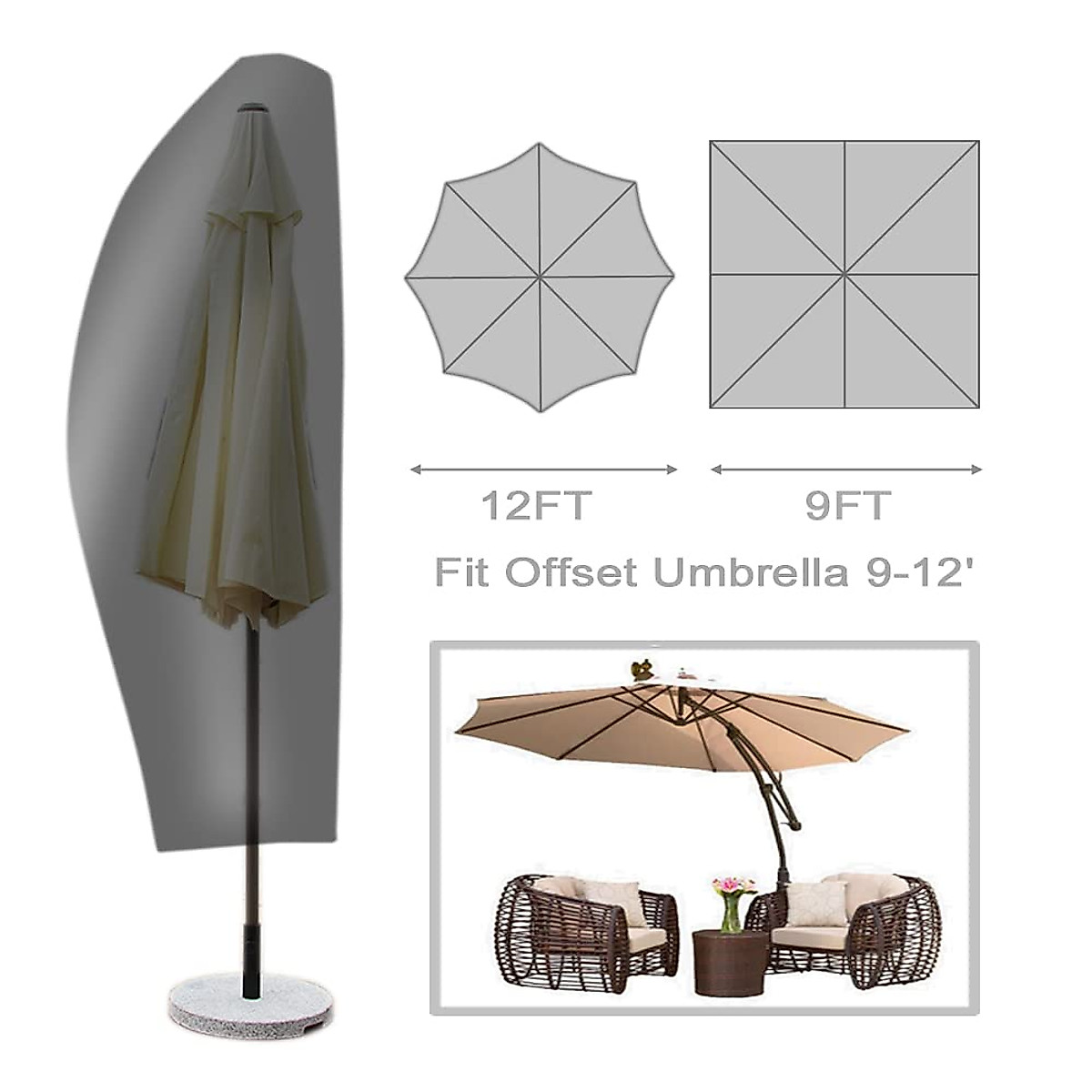 JUNKOGO Patio Cantilever Umbrella Cover, Outdoor Waterproof Parasol Cover Offset Banana Style, Fit 9ft to 12ft Cantilever Offset Umbrella with Push Rod. Rain, Wind, Dust, Snow Protection. (Black)