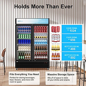 COTLIN 53" W Commercial Display Refrigerator Merchandiser 2 Glass Door, 49 Cu.Ft Upright Drink Fridge Beverage Cooler with LED Lighting, 10 Shelves & 4 Bottle Holders, ETL NSF Approved
