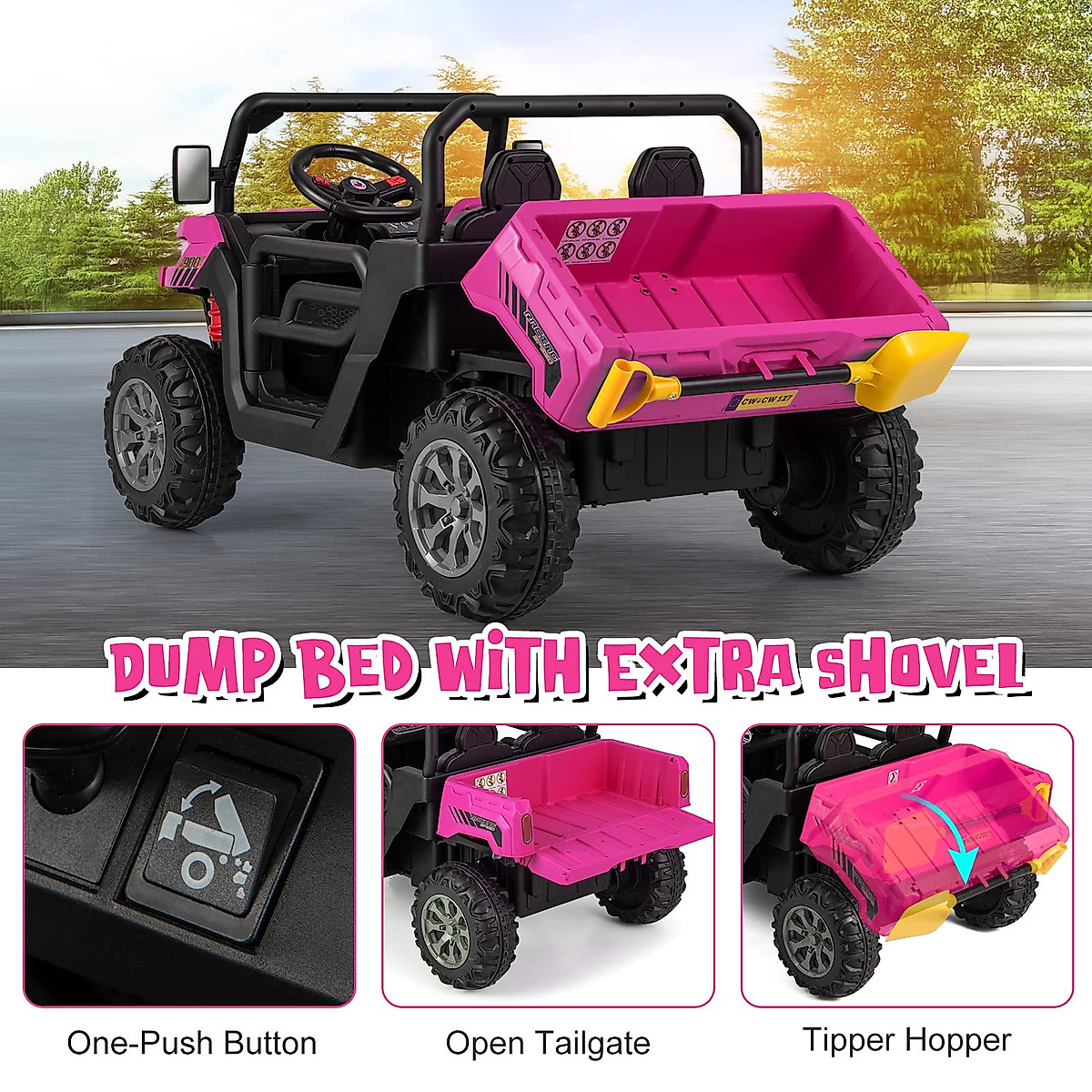 OLAKIDS 2 Seater Ride On Car, 12V Off-Road UTV Electric Vehicle with Remote Control, Dump Bed, Extra Shovel, Music, USB, AUX, Rocking Function, Kids Toddlers Battery Powered Truck (Pink)