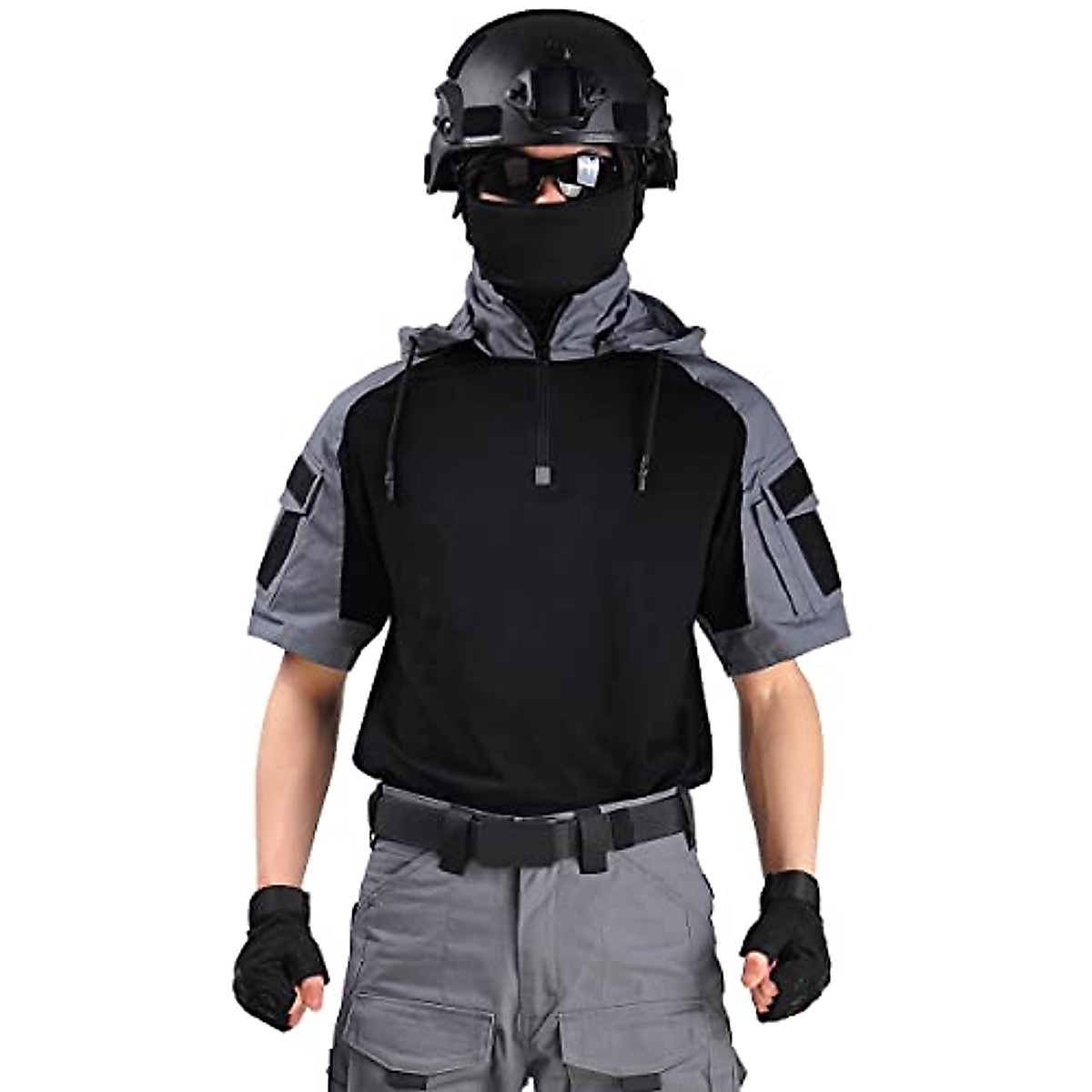 Men's Combat Shirts Tactical Short Sleeve Shirt Cargo Military Airsoft T-Shirt with Hood Gray